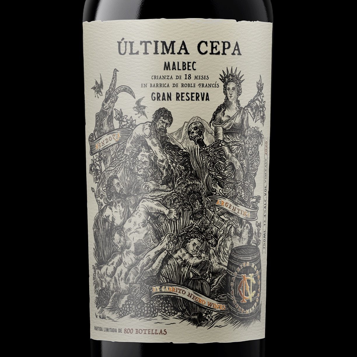 Última Cepa's Intricately Illustrated Bottle - DIELINE